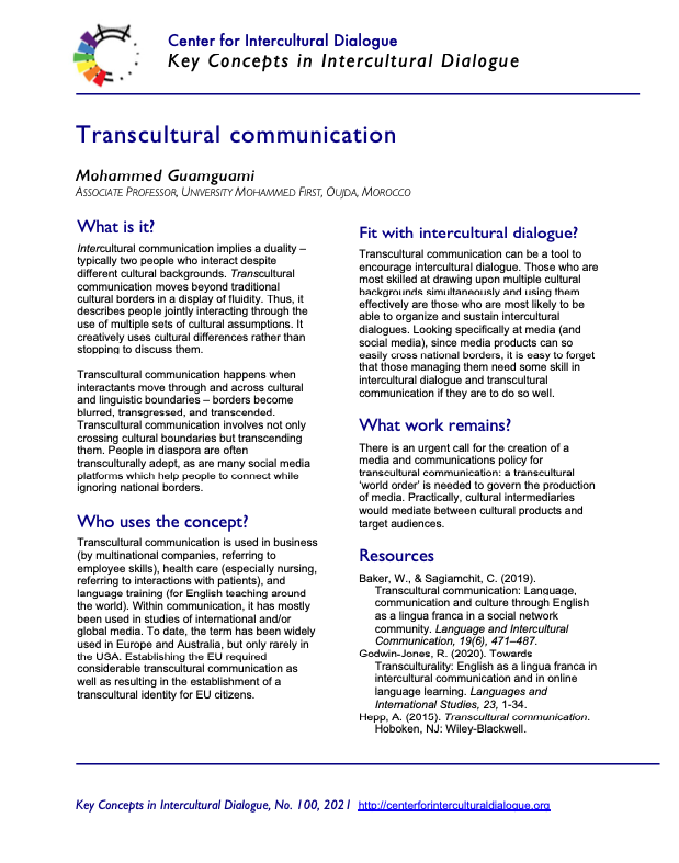 KC100 Transcultural Communication – Center for Intercultural Dialogue